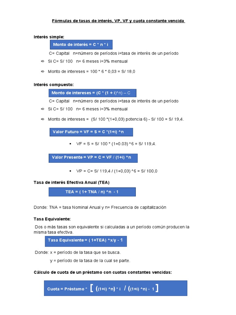 Fórmulas de Interesés VP VF Cuota Constante Vencida y Anualidades | PDF