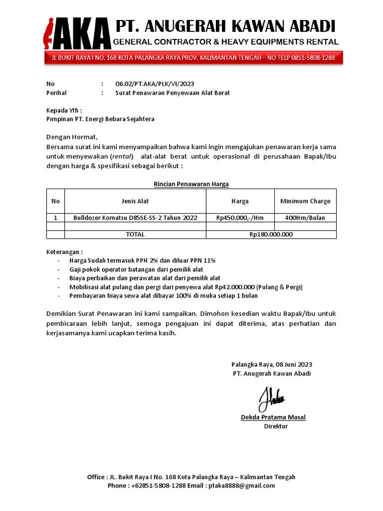 Surat Penawaran Bulldozer - PT. AKA - PT. Energi Bebara Sejahtera-1 | PDF