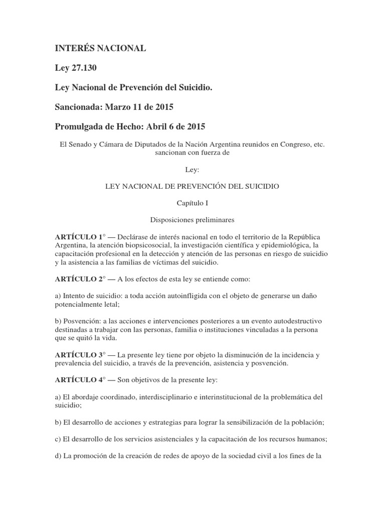 Ley 27130 - Ley Nacional de Prevención Del Suicidio | PDF | Suicidio ...