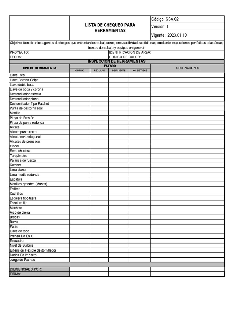 Formato Lista de Chequeo para Herramientas y Equipos | PDF
