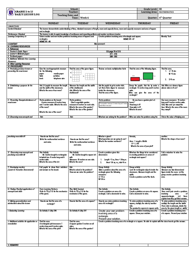 Grade 3 DLL MATH 3 Q4 Week 6 | PDF | Area | Learning