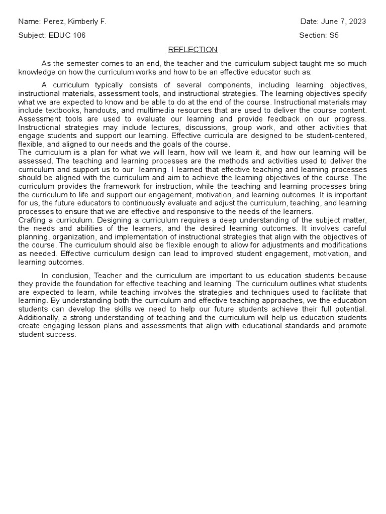 (Educ 106) Reflection | PDF | Curriculum | Learning