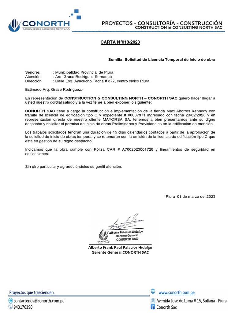 CARTA SOLICITUD DE PERMISO DE INICIO DE OBRAS | PDF