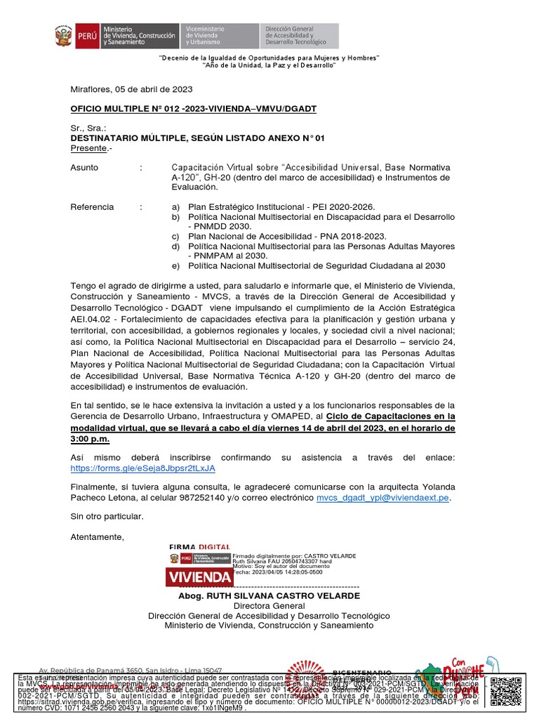 Oficio Multiple 012 2023 Vivienda Vmvu Dgadt[r] | PDF | Lima