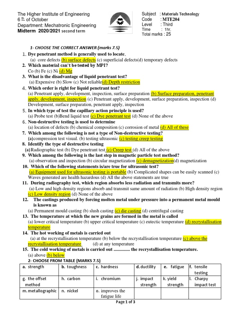 Exam of Material Technlogy ANS 2021 | PDF | Deformation (Engineering) | Metals