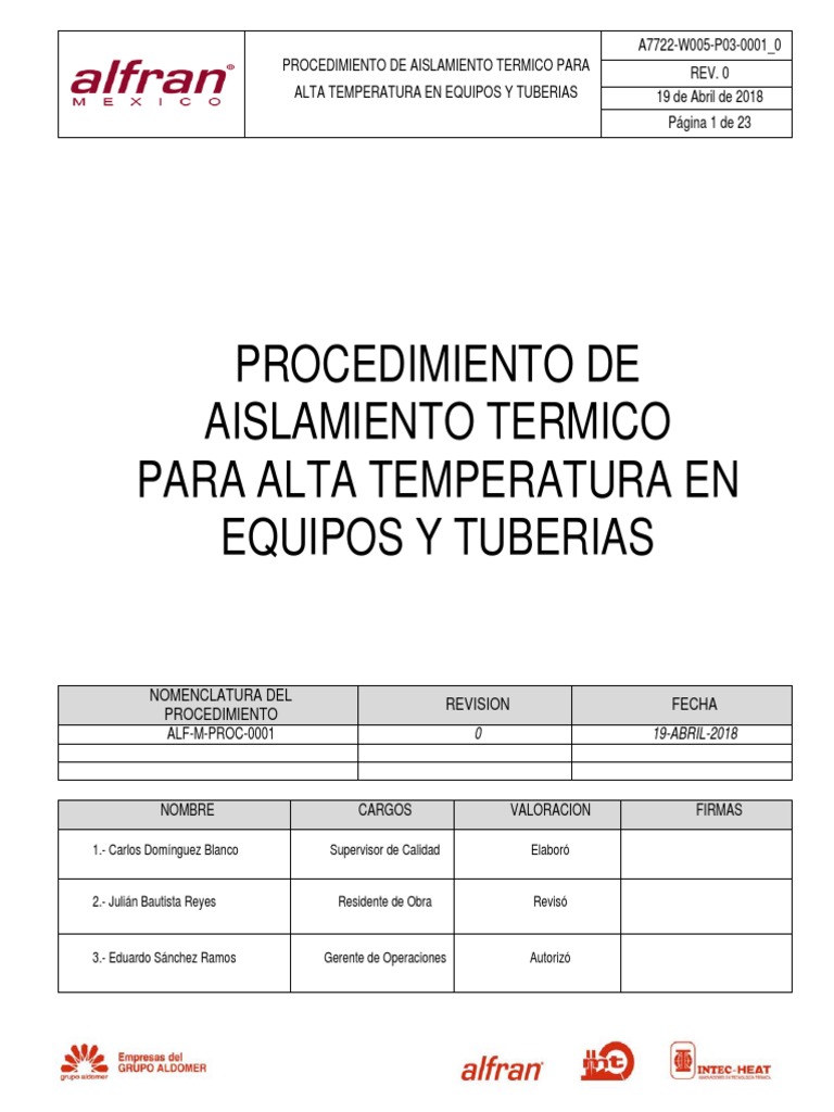 Procedimiento de Aislamiento Termico para Alta Temperatura en Equipos Y Tuberias | PDF ...