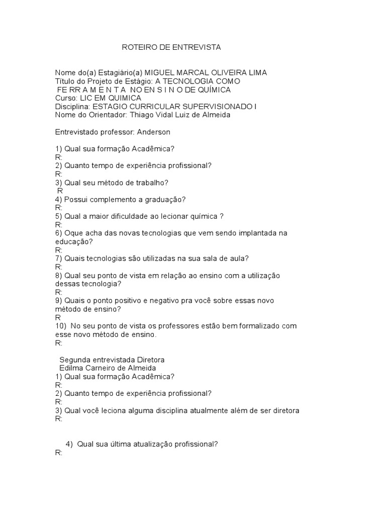 Roteiro de Entrevista | PDF Roteiro de Entrevista | PDF
