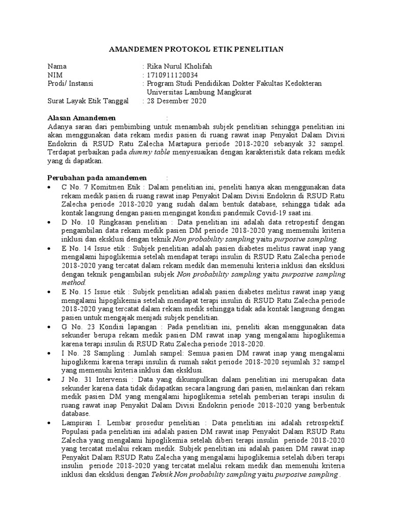 Contoh AMANDEMEN PROTOKOL ETIK PENELITIAN | PDF