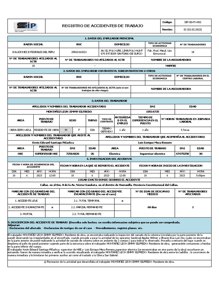 SIP-GS-FO-002 Registro de Accidentes de Trabajo-Jimmy | PDF | Primeros ... SIP-GS-FO-002 Registro de Accidentes de Trabajo-Jimmy | PDF | Primeros ...