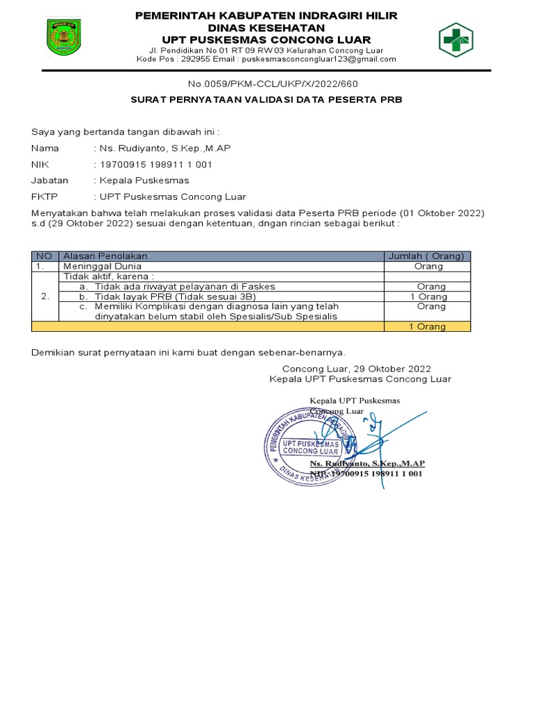 Surat Pernyataan Validasi Data Peserta PRB | PDF