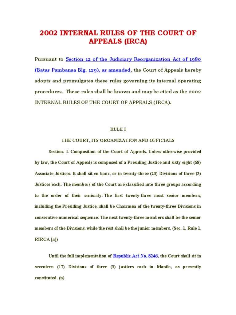 2002 Internal Rules of The Court of Appeals | PDF | Law Clerk | Appeal