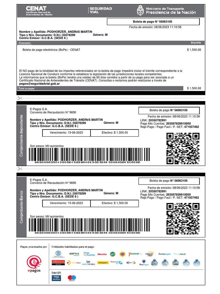 Boleta de Pago Seguridad Vial N° 56063105 | PDF | Derecho
