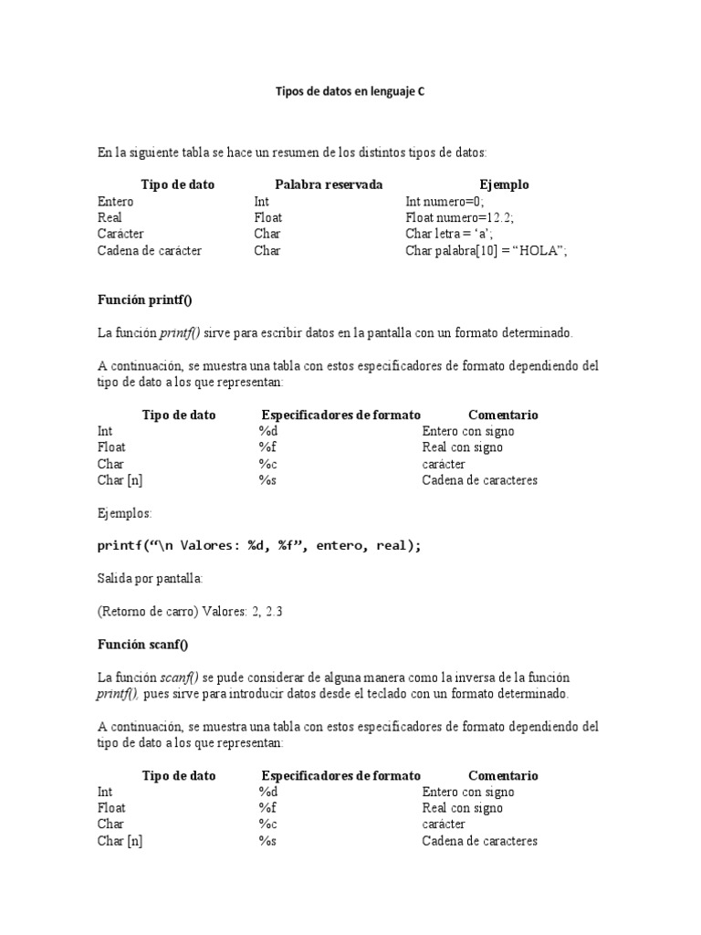 Tipos De Datos En Lenguaje C Pdf Tipo De Datos Cadena Informática
