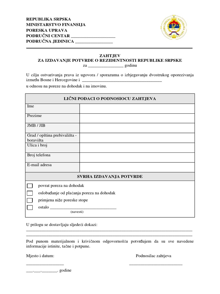 Zahtjev Za Izdavanje Potvrde o Rezidentnosti Za Fizicko Lice LAT | PDF
