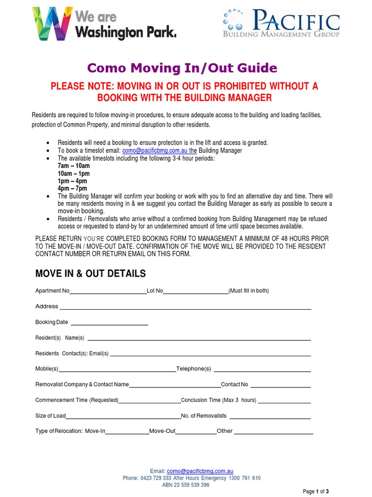 Move in & Out Booking Form | PDF | Elevator