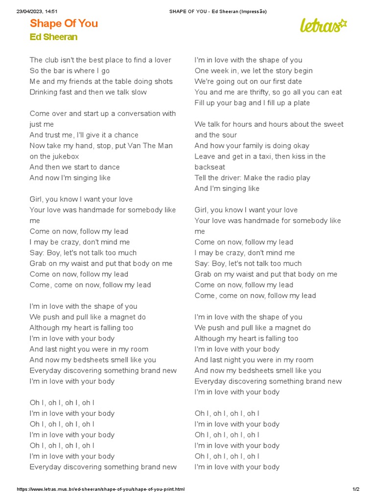 Shape of You Lyrics by Ed Sheeran | PDF
