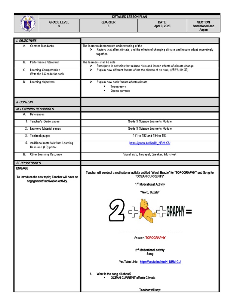LESSON PLAN About Factors Affecting Climate Topography and Ocean ...