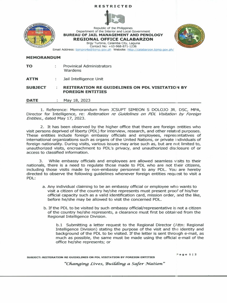 Reiteration Re Guidelines On PDL Visitation by Foreign Entities | PDF