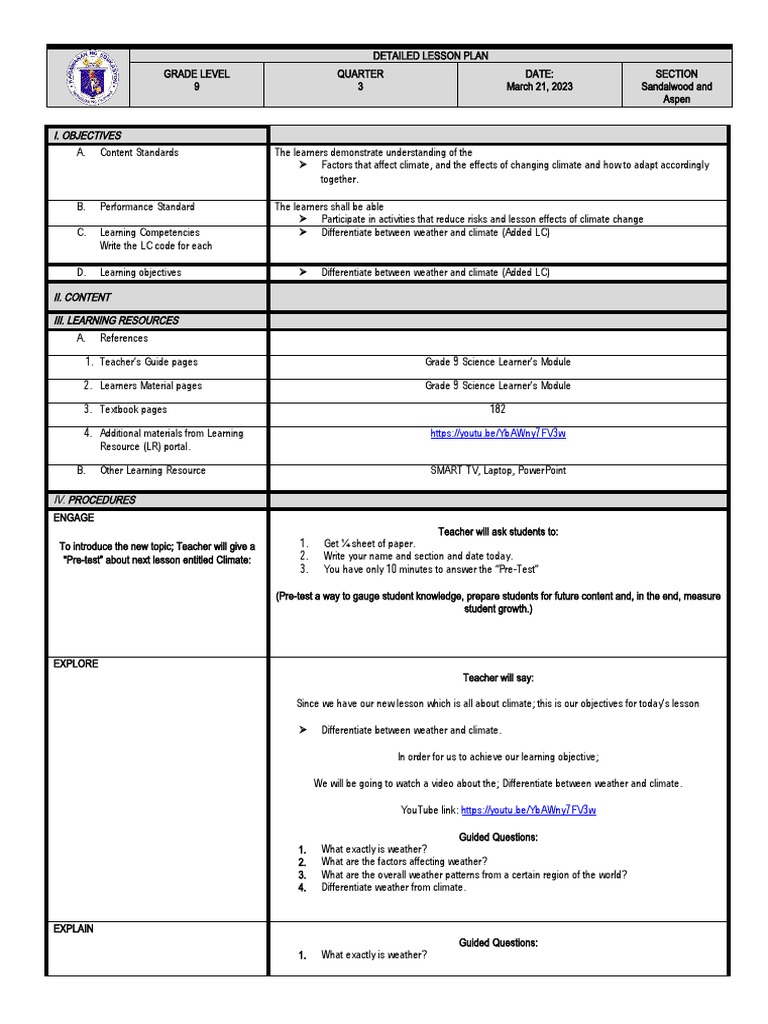 Lesson Plan 7 Weather and Climate | PDF | Learning | Weather