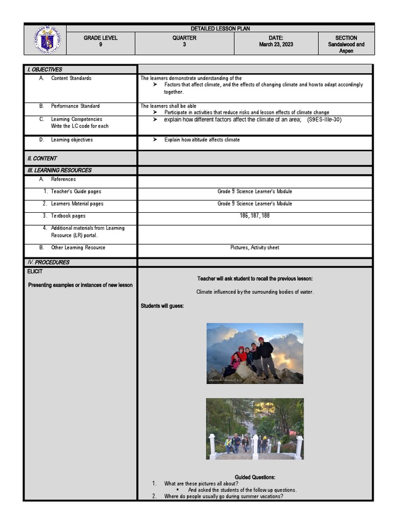 Altitude's Impact on Climate: Grade 9 Lesson | PDF | Learning | Lesson Plan