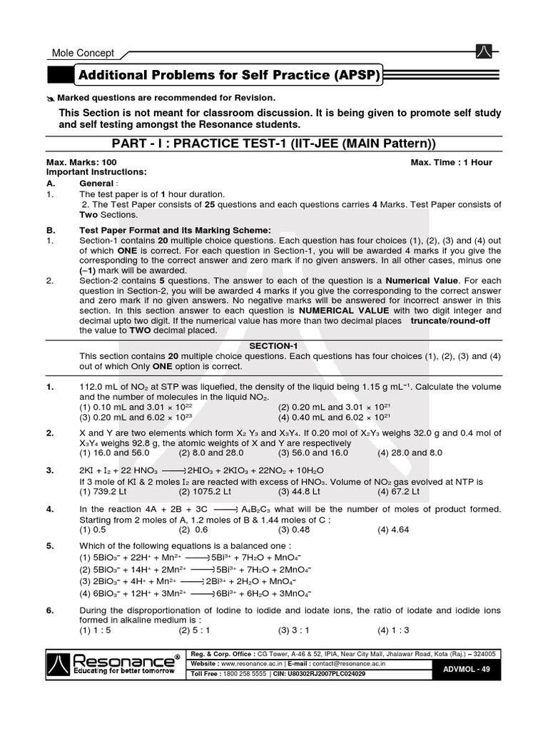 Mole Concept Practice Test for IIT-JEE | PDF | Mole (Unit) | Molar ...