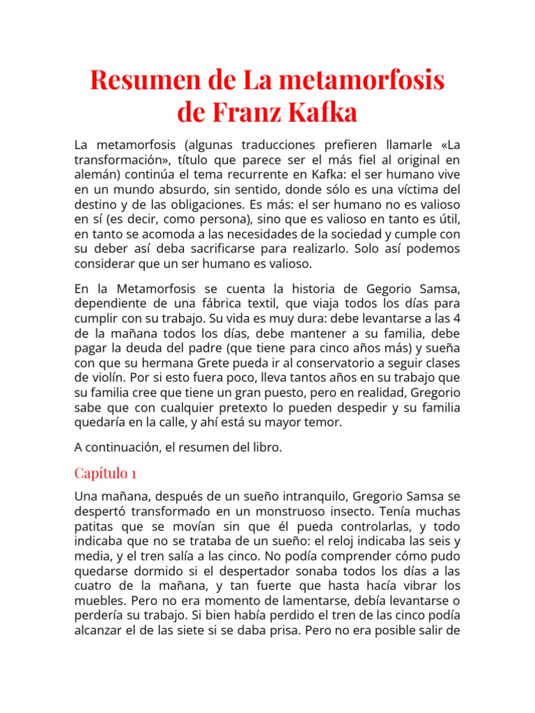 Resumen De La Metamorfosis De Franz Kafka Pdf Pdf La Metamorfosis
