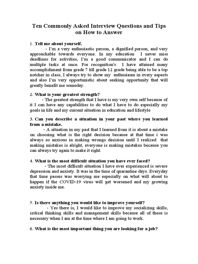 Ten Commonly Asked Interview Questions - Rain | PDF | Anxiety ...