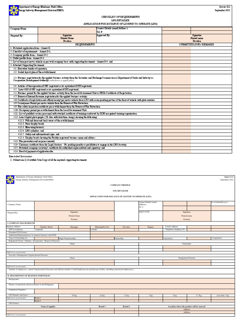 1 MFO Retailer Checklist, Profile, Vehicle, Layout Annexes G-1 To G-5 ...