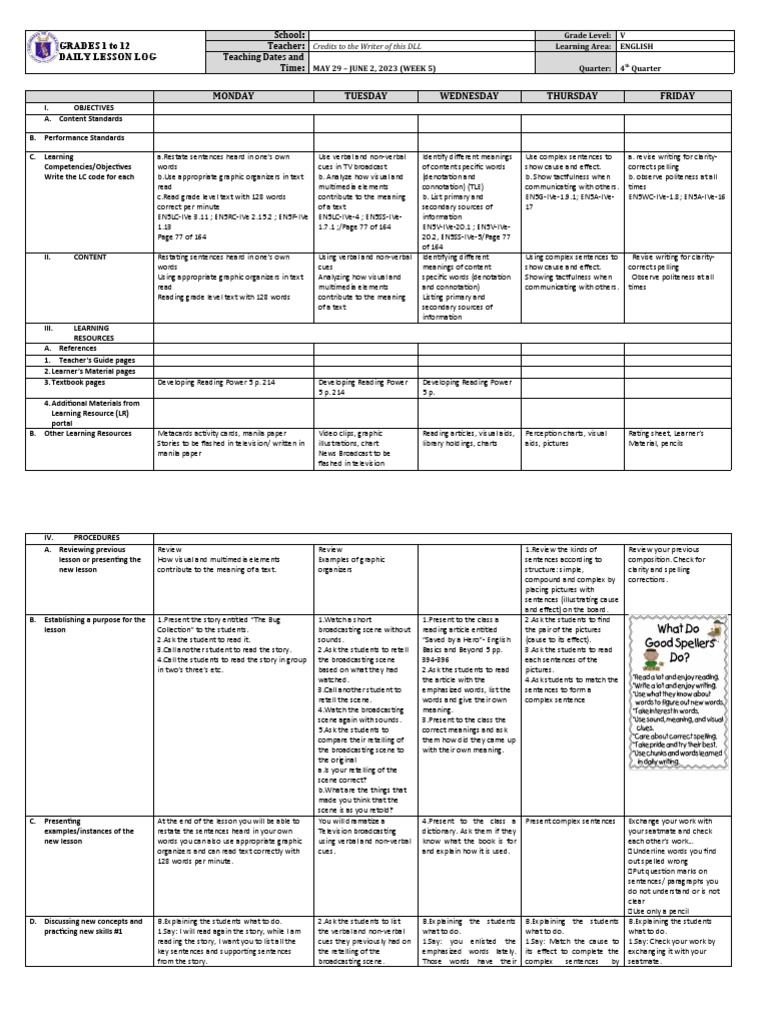 Grade 5 English Lesson Plan Week 5 | PDF | Nonverbal Communication ...