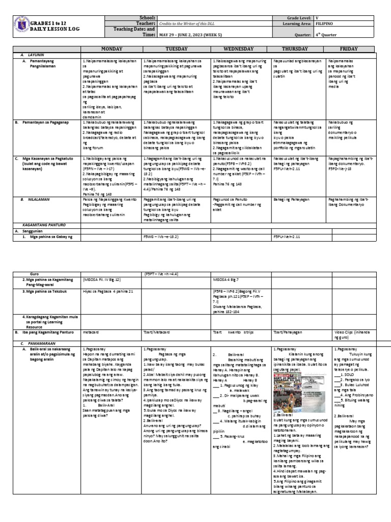 Grade 5 DLL FILIPINO 5 Q4 Week 5 | PDF