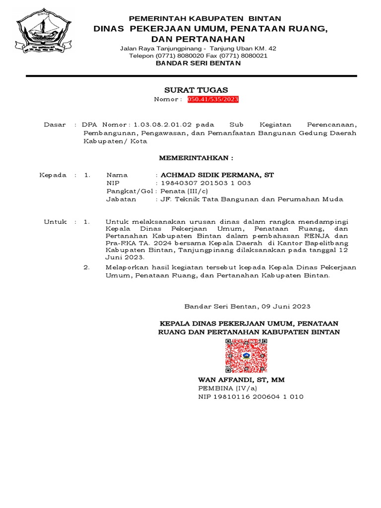 Dinas Pekerjaan Umum, Penataan Ruang, Dan Pertanahan: Surat Tugas | PDF