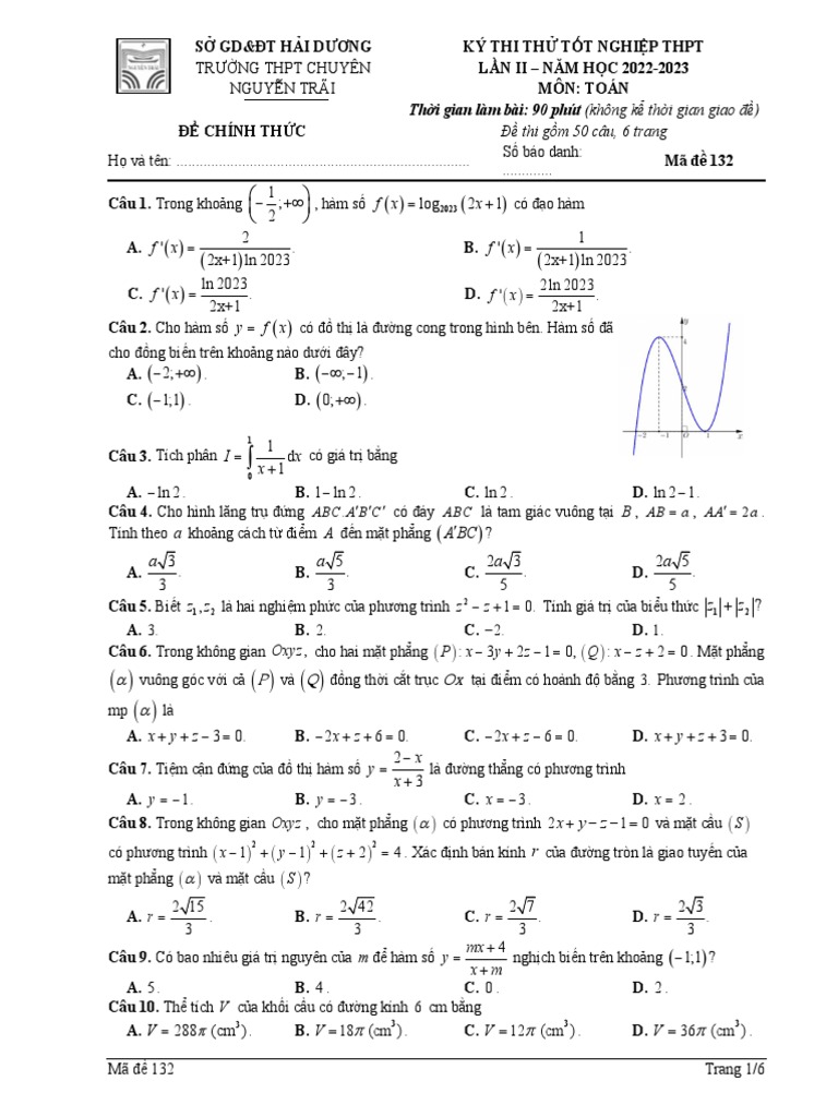 De Thi Thu Toan TN THPT 2023 Lan 2 Truong Chuyen Nguyen Trai Hai Duong | PDF