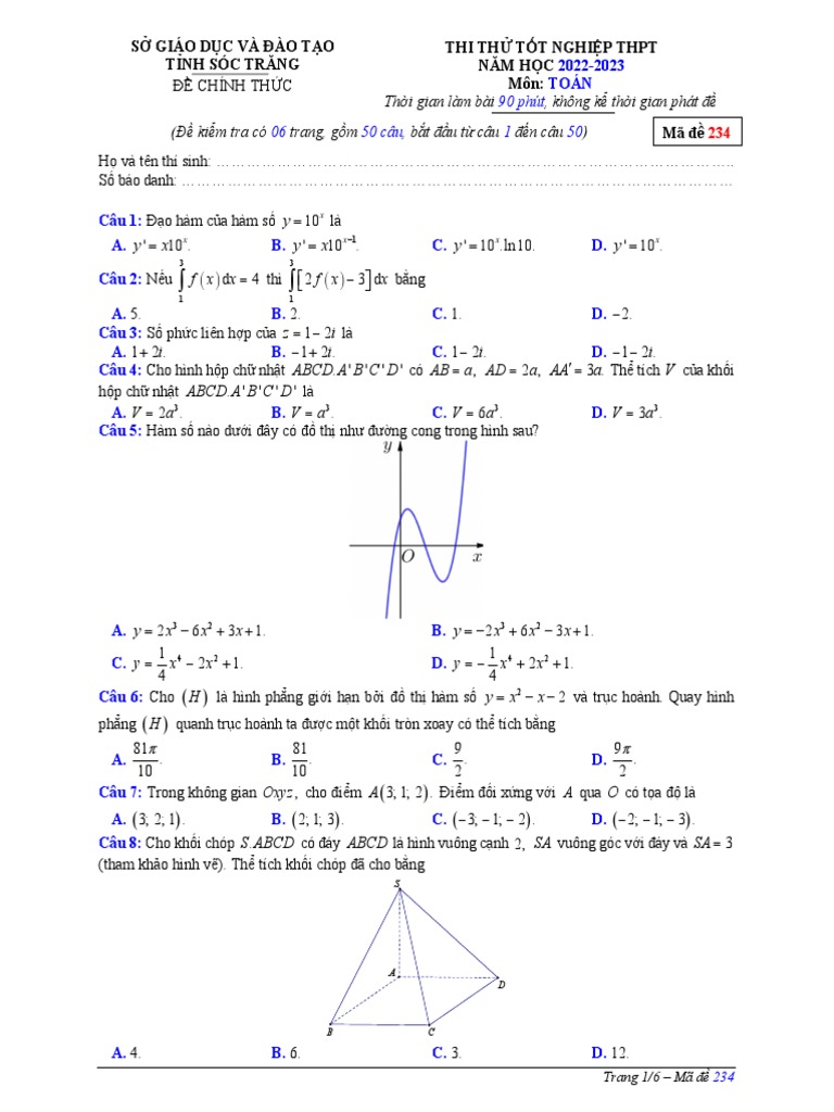 De Thi Thu Tot Nghiep THPT Nam 2023 Mon Toan So GDDT Soc Trang | PDF