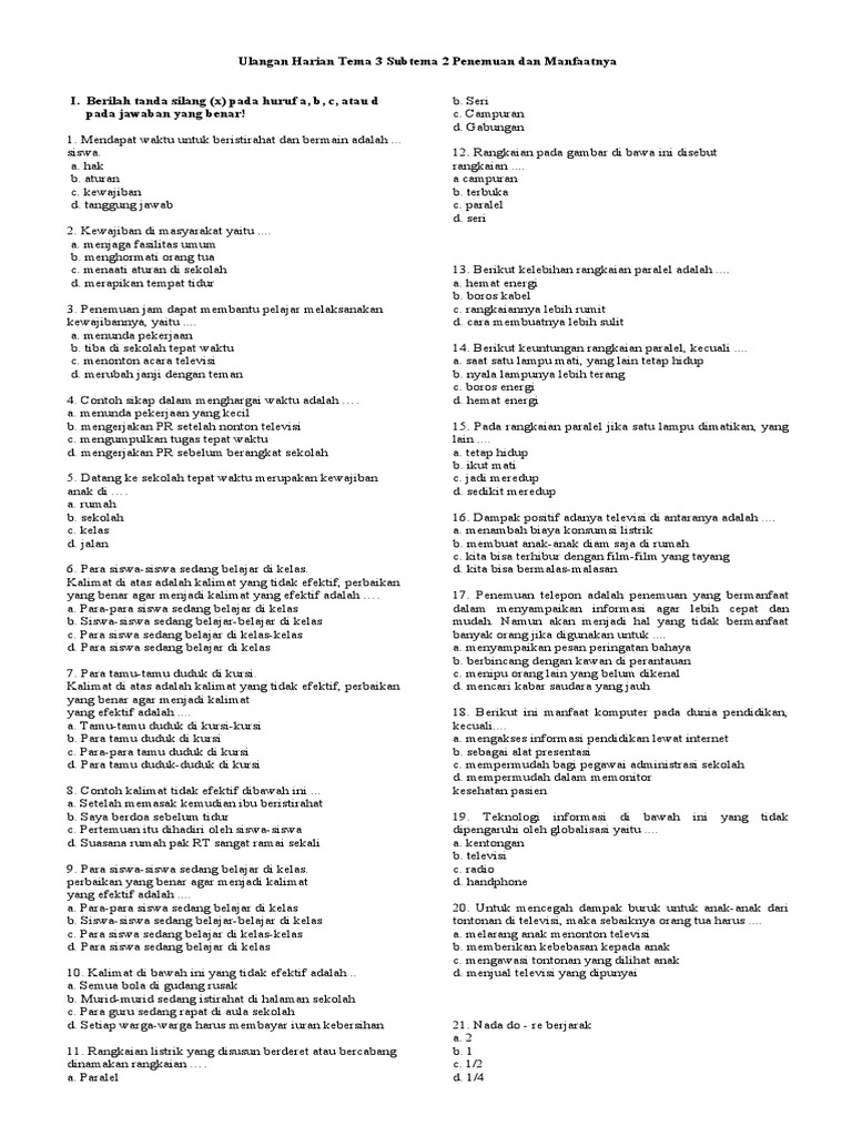 Ulangan Harian Tema 3 Subtema 2 Penemuan Dan Manfaatnya | PDF