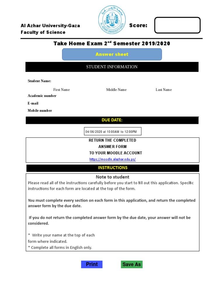 Answer Sheet For Take Home Exame | PDF