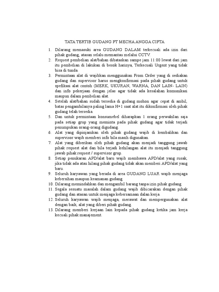 TATA TERTIB GUDANG PT MECHA ANGGA CIPTA | PDF