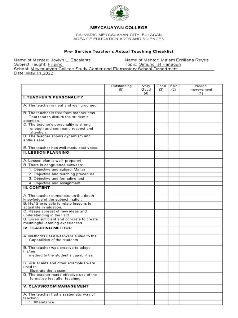 Pre Service Teachers Actual Teaching Checklist | PDF | Teachers ...