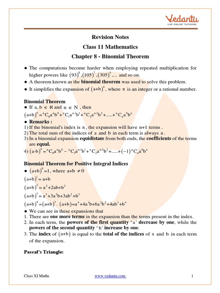 Class 11 Binomial Theorem Notes Pdf Numbers Arithmetic