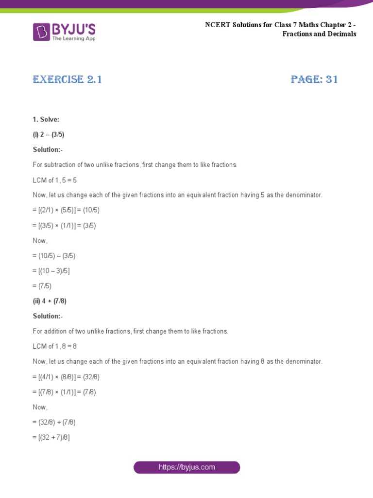 Ncert Solutions For Class 7 Maths 5may Chapter 2 Fractions and Decimals Exercise 2 1 | PDF ...