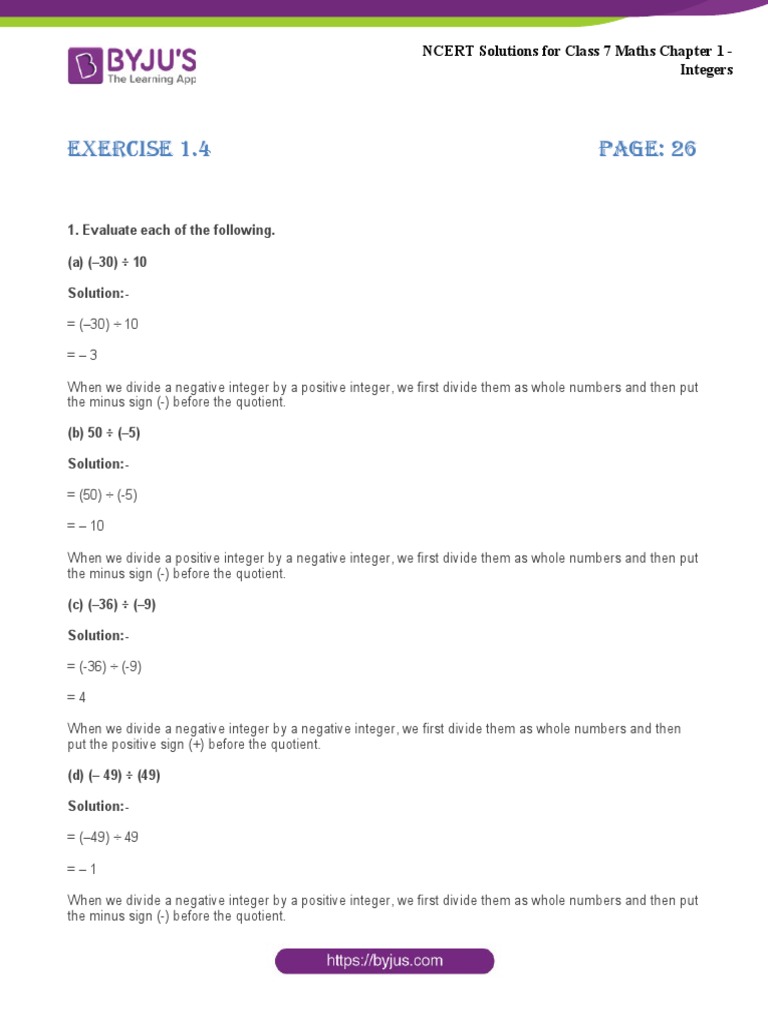 Ncert Solutions For Class 7 Maths 5may Chapter 1 Integers Exercise 1 4 | PDF | Integer ...