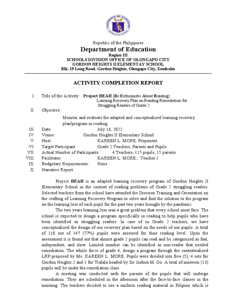 Acr On Project Bear Grade 2 | PDF | Cognitive Science | Behavior Modification
