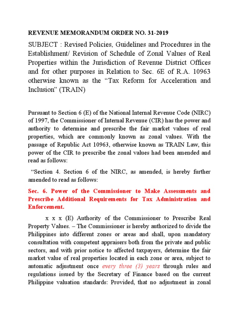 Revenue Memorandum Order No 31-2019 | PDF | Real Estate Appraisal ...