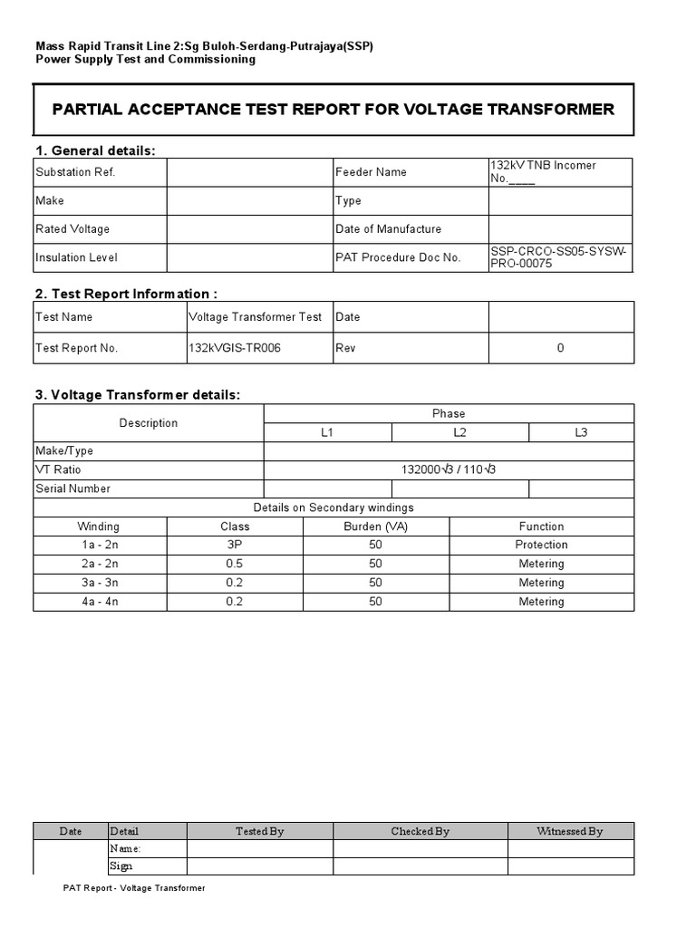 TR006-PAT Report - 132kV VT Test | PDF | Electrical Resistance And ...