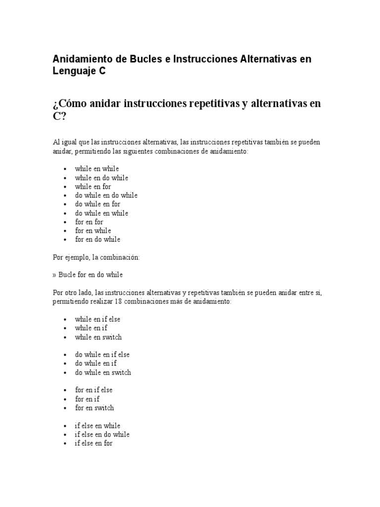 Anidamiento de Bucles e Instrucciones Alternativas en Lenguaje C | PDF | C (lenguaje de ...