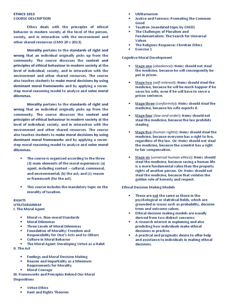 Ethics 1013 (Handout #2) | PDF | Morality | Rights