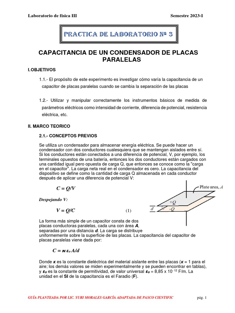 Practica de Laboratorio #3: Capacitancia de Un Condensador de Placas Paralelas | PDF ...
