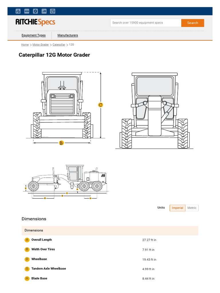 Caterpillar 12G Motor Grader Specs & Dimensions - RitchieSpecs | PDF