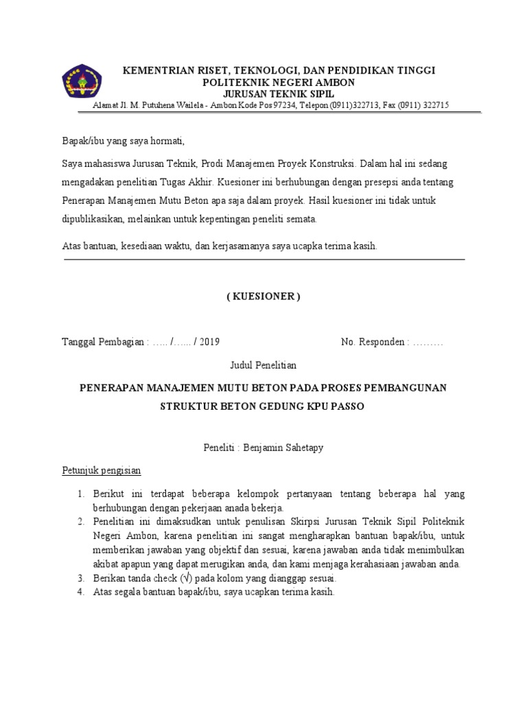 Contoh Kuesioner FIX | PDF