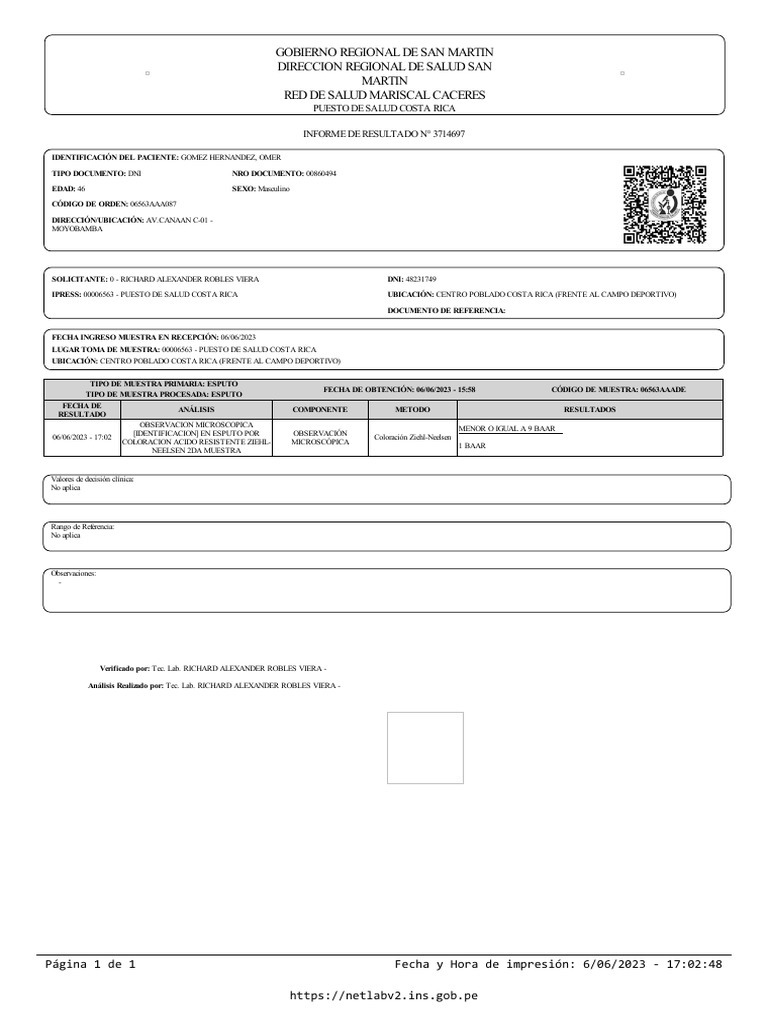 Resultados de Análisis de Esputo en Moyobamba | PDF