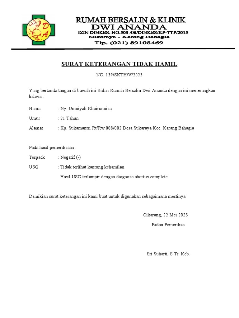 Surat Keterangan Tidak Hamil Dwi Ananda | PDF